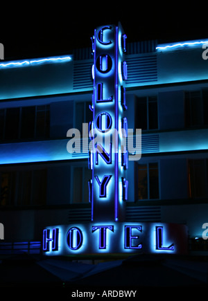 The illuminated Hotel Colony at night, Miami, Florida, USA, America ...