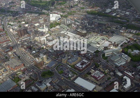 Aerial view of Luton Town Centre showing the white bell tower of the ...