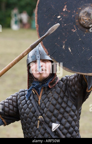 A close-up of a viking with shield and spear, Ribe, Denmark Stock Photo ...