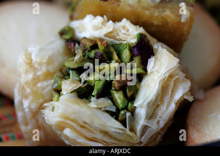 JOR, Jordan, Amman: Typical arabic sweets, pistachio, allmonds wraped ...
