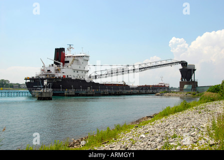 Lake freighter off loads aggregate stone at Port Huron Michigan Stock ...