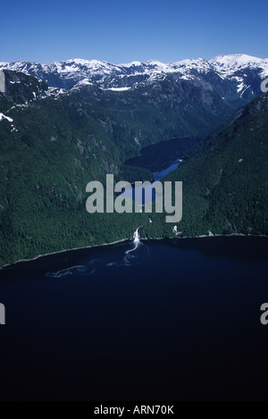 Aerial of Kynoch Inlet showing falls and hanging lake, Central Coast ...