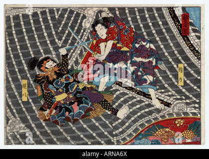 Fighting men. Two samurai, fighting with swords; Left and at the top ...