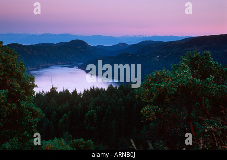 view down Finlayson Channel from Malahat viewpoint at dusk, Victoria ...