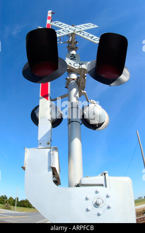 Railroad crossing gate against blue sky in low late afternoon sun. Sun ...