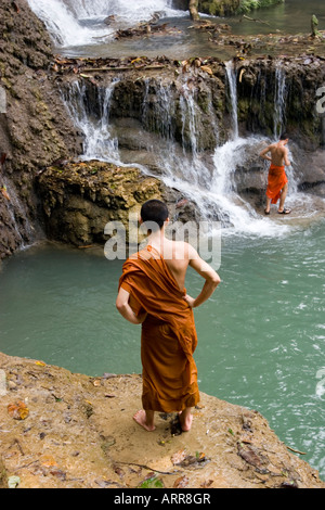 Novice monks Kuang Xi waterfall near Luang Prabang Laos Stock Photo - Alamy