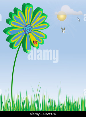 An illustration of a daisy during a spring day with birds clouds and ...