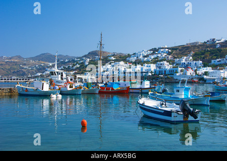 The port of Hora with colorful fishing boats on the Greek Island of ...
