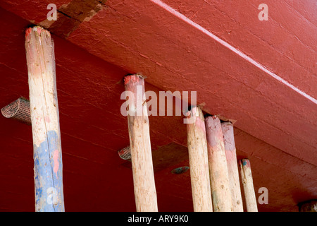 Wooden posts & wedges, under ship keel, used in ship building yard to ...