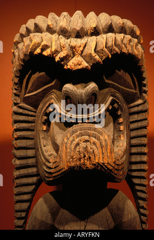 An ancient carving of Ku, one of the major Hawaiian gods, on display at ...