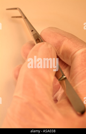 Hand Holding a Pair of Surgical Tweezers Stock Photo - Alamy