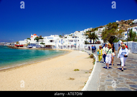 The seaside walkway at the port of Hora on the Greek Island of Mykonos ...