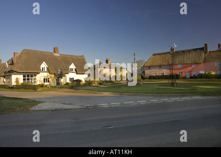 Thatched cottages in the village of Cockfield. The village has been ...