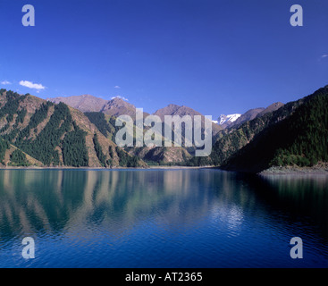 Heaven Lake in the Tianshan Mountains with Mt Bogda 5595 metres in the ...