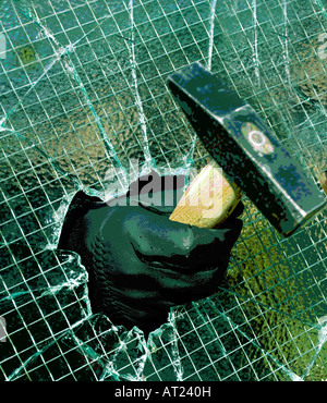 a hammer smashing through a pane of glass or window shattering the ...