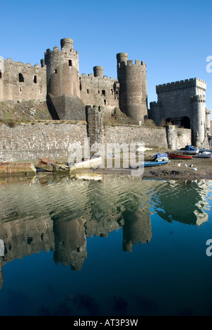 The exterior battlements and turrets of medieval Conwy Castle built ...