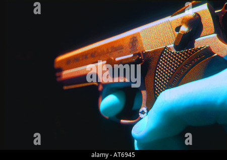 Automatic pistol handgun being pointed and ready to fire pull the ...