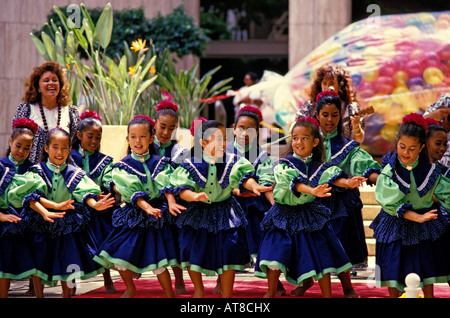 Hawaiian children young girls hula dancers at Paniolo Parade during ...