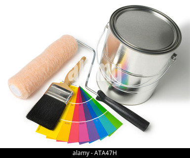 Paint can,roller and brush on the table. Items for home or office ...