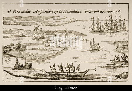 New Amsterdam, 17th century view. Dutch settlement established at the ...