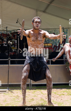Australian aboriginal dancing at a corroboree. Body painted with pipe ...