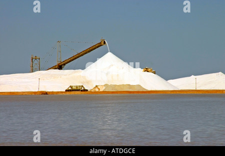 Bulldozer spreading salt around huge pile at salt works near Port ...
