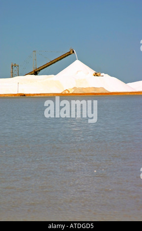 Bulldozer spreading salt around huge pile at salt works near Port ...