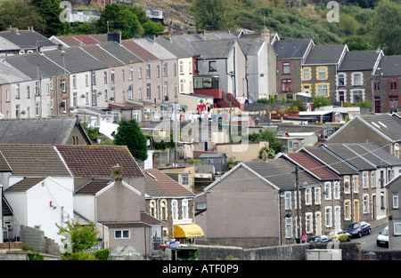 Steep row of typical Valleys terraced houses Tylorstown Rhondda Fach ...
