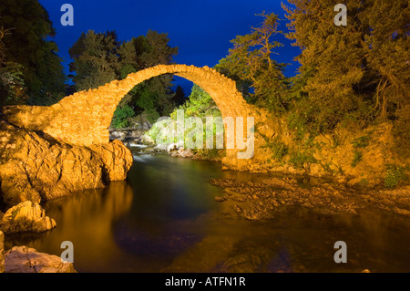 18th century Old Spey Bridge and lupines flowering along the River Spey ...