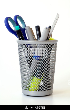 Close up of container with yellow pens and pencils with copy space on ...