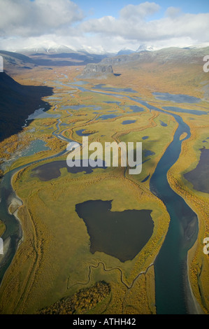 Aerial view of the Rapa river delta, Sarek National Park, Greater ...