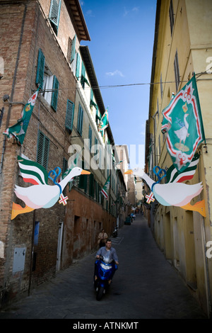Flags of the Oca (Goose) district in the medieval city of Siena, a ...