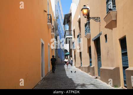Cobblestone lane Colorful colonial architecture Old San Juan Puerto ...