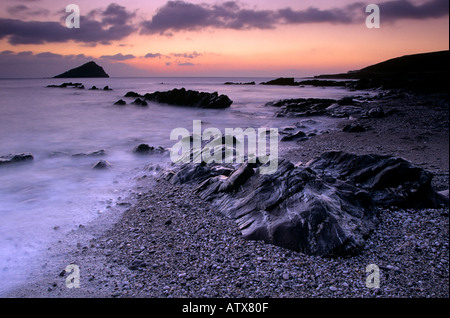 Sunset over Wembury beach and Great Mewstone South Devon with blue sky ...