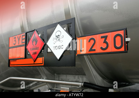 Warning signs on Road Tanker Stock Photo - Alamy