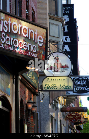 Signs on Hanover Street in the North End neighborhood of Boston ...