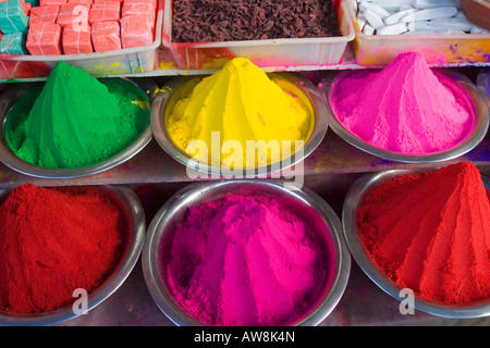 Colorful piles of Indian bindi powder dye at outdoor local market in ...