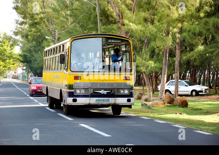 Mauritius, public transport, local bus on motorway approaching ...