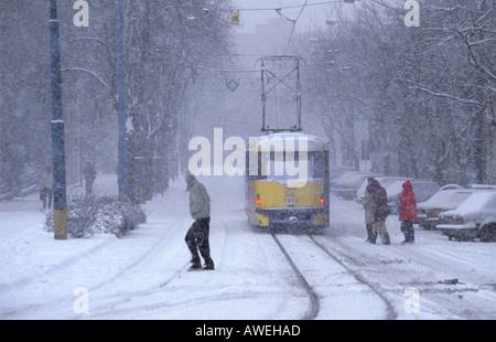 A tram in Bratislava Slovakia during heavy snow fall Stock Photo - Alamy