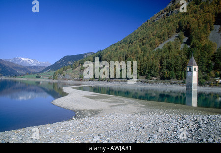 Church tower of Reschen in the Reschen reservoir, taken from the Stock ...