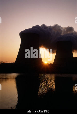 Nuclear power plant reflected in still lake, Detroit, Michigan, United ...