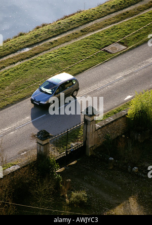 overhead view of car moving by road next to sea shore copy space Stock ...