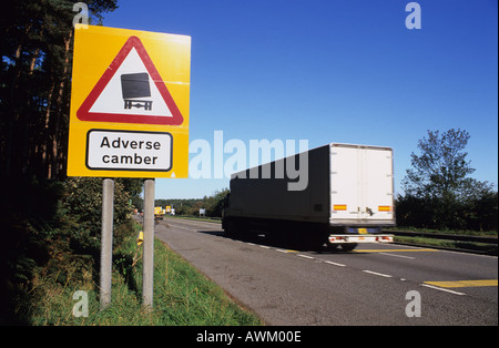 lorry passing warning sign of adverse camber on road surface a1 road ...