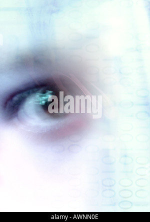 Overlaying digital binary code on modern bank skyscrapers, representing financial technology ...