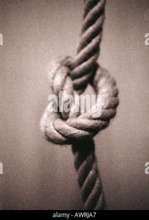 Vertical shot of a white rope with a knot horizontally isolated on the ...