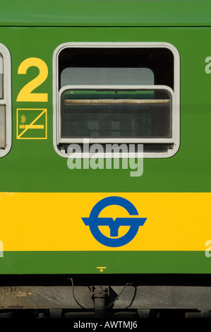 Sopron, W. Transdanubia, Hungary. Train carriage showing livery of the ...