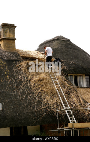 A thatcher working on the roof of a village cottage repairing and ...