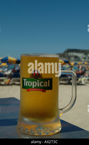 A cold crisp pint of lager with a hot beach background with a clear ...
