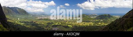 Panoramic view of Kaneohe from the Pali Lookout with Mokoli'i Island ...