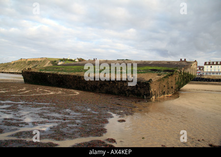 A Spud pier from the Mulberry Harbour on Gold Beach at Arromanches ...